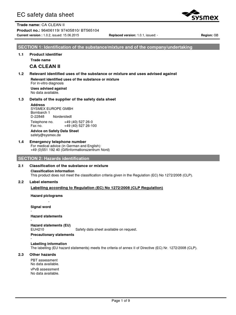 Ca Clean Ii - 643557 - GB - en - V-1.0.2 - SDB | PDF | Toxicity ...