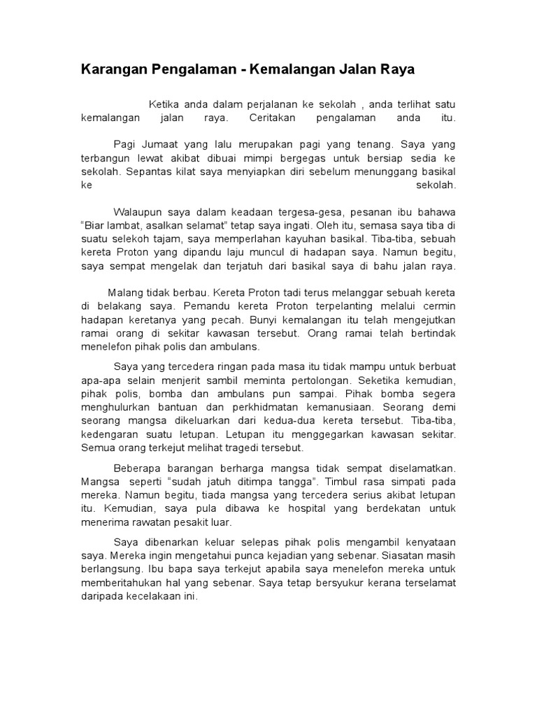 Contoh Karangan Cerita Kemalangan Jalan Raya - MiraknoeHooper