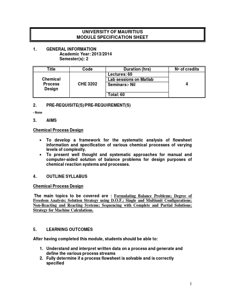 University of Mauritius Module Specification Sheet | PDF | Chemical ...