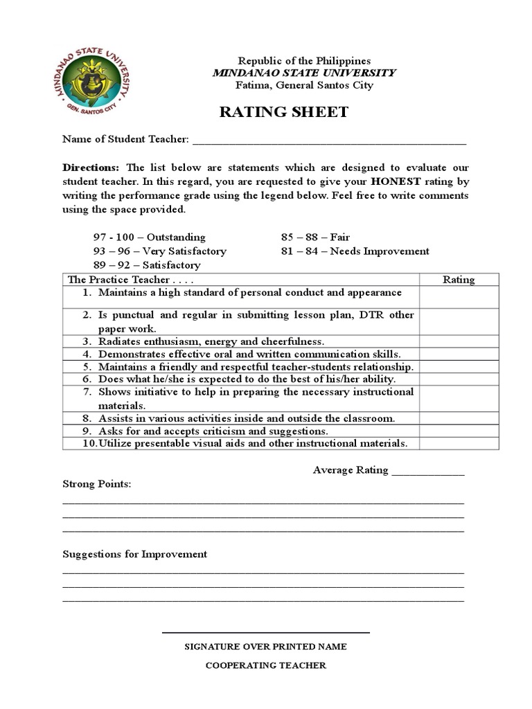 Rating Sheet: Directions: The List Below Are Statements Which Are ...