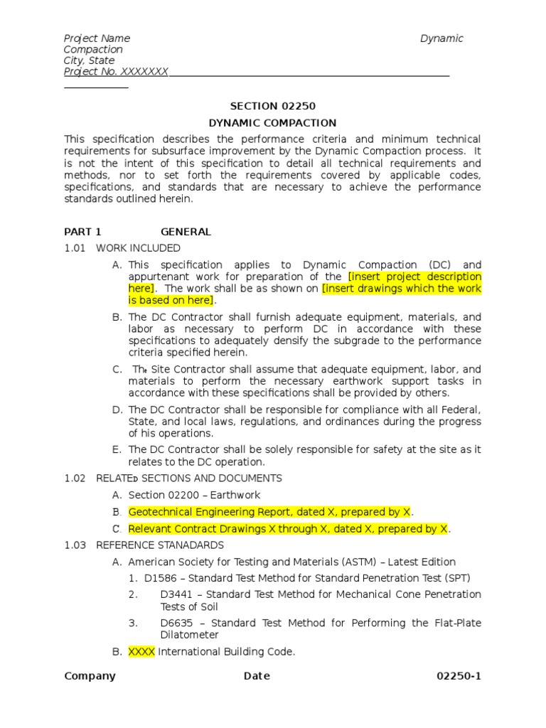 Sample Dynamic Compaction Specification Pdf Geotechnical Engineering Specification