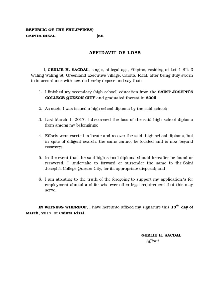 Affidavit of Loss-Highschool Diploma | PDF