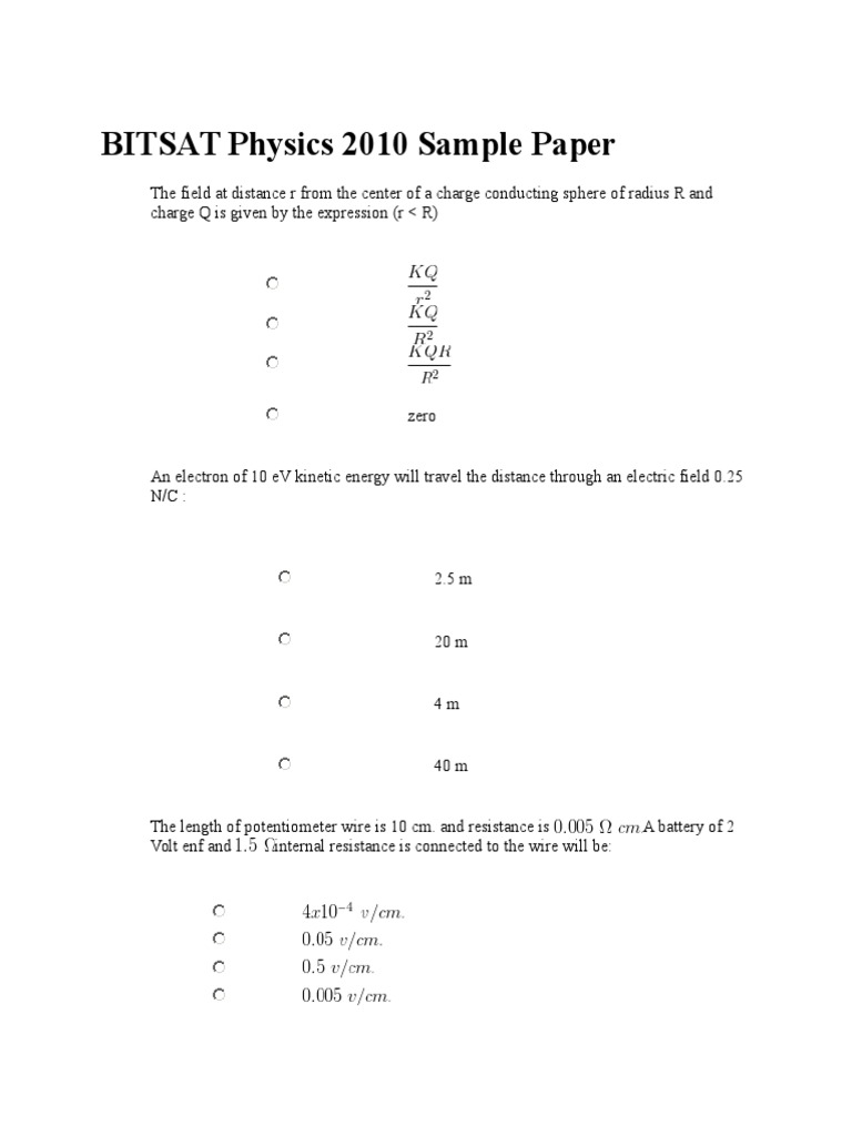 2901BITSAT Physics 2010 Sample Paper | PDF | Electronvolt | Electric ...