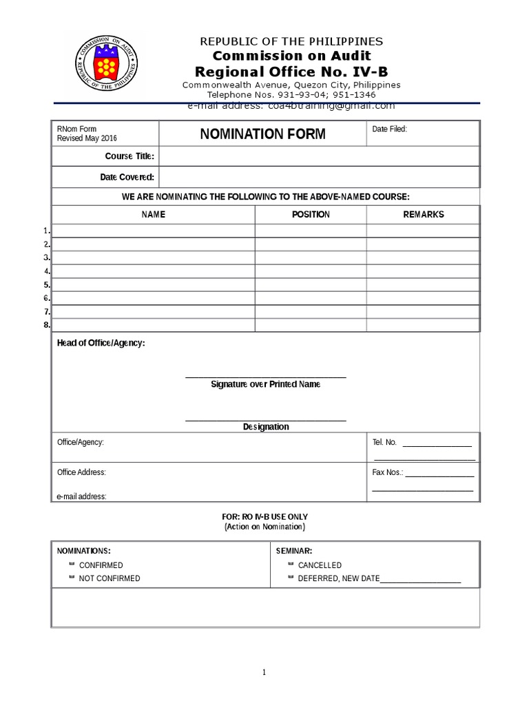 COA4B Training Nomination Form | PDF | Computing | Business