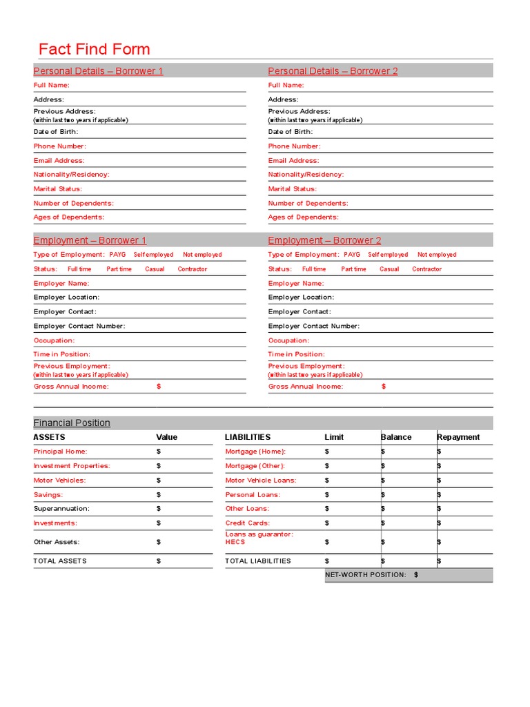 Fact Find Form: Personal Details - Borrower 1 Personal Details ...