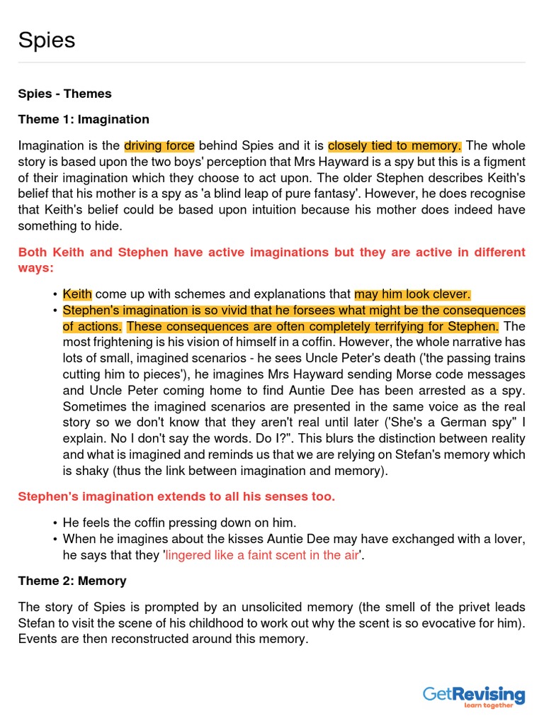 Spies: Spies - Themes Theme 1: Imagination | PDF | Imagination | Memory