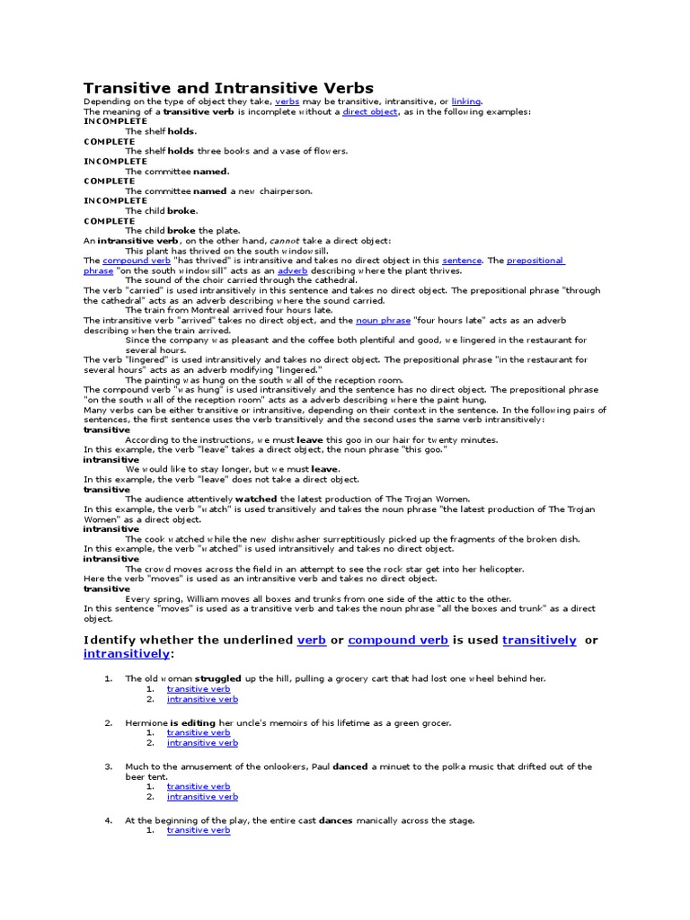 Transitive and Intransitive Verbs | PDF | Verb | Perfect (Grammar)
