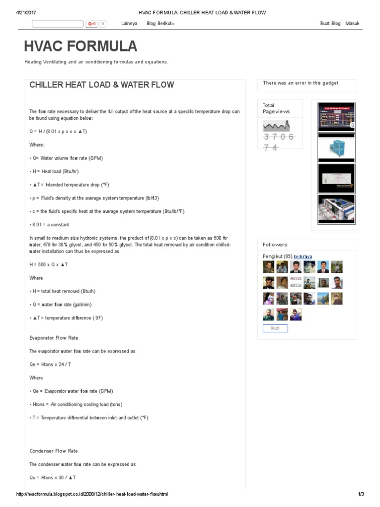 Hvac Formula - Chiller Heat Load & Water Flow | PDF | Hvac | Flow ...
