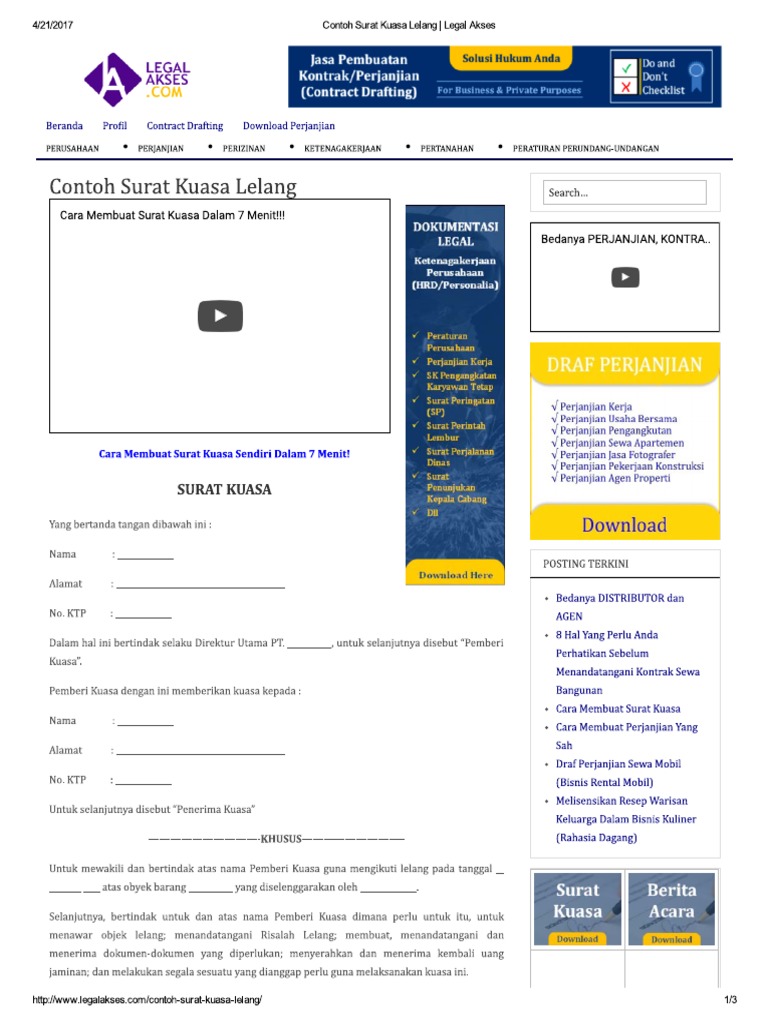 Contoh Surat Kuasa Lelang - Legal Akses | PDF