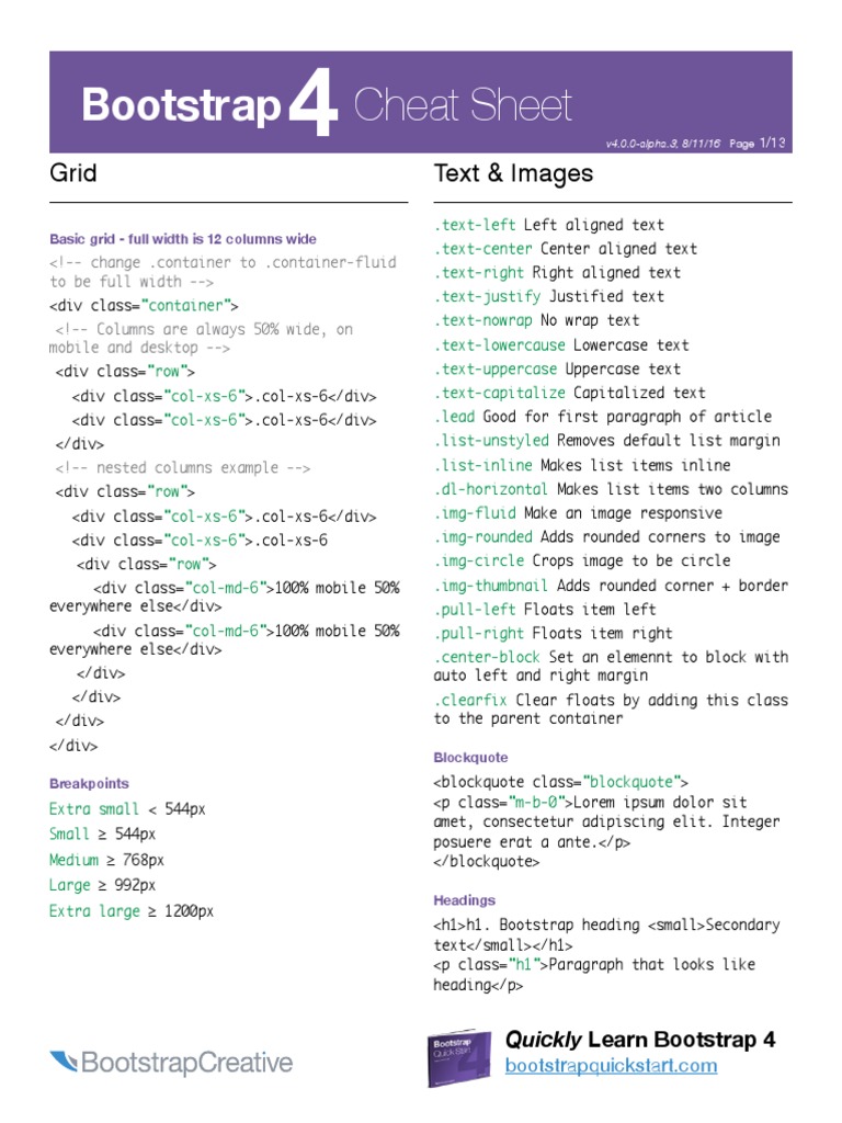 Bootstrap 4 Cheat Sheet BC PDF | Download Free PDF | Bootstrap (Front End Framework) | Computing