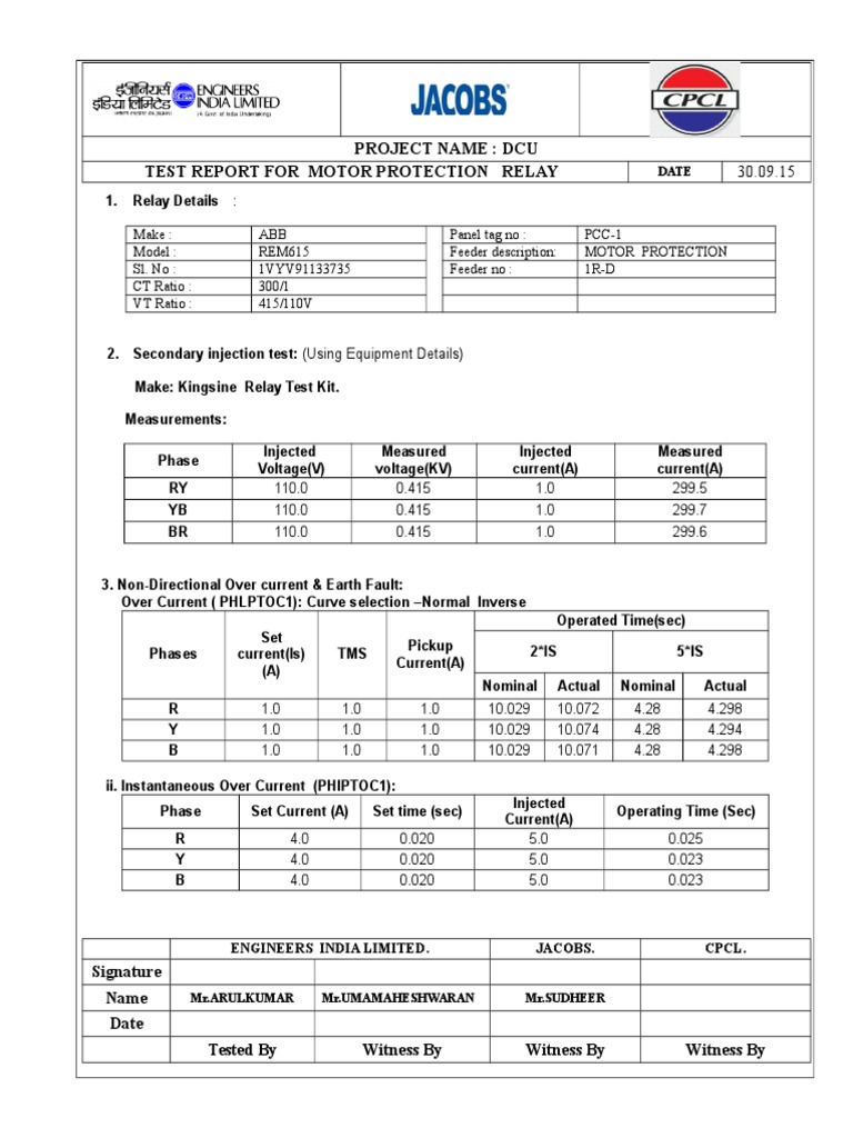 Project Name: Dcu Test Report For Motor Protection Relay | PDF ...