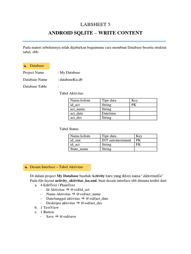 Labsheet 5 - Sqlite - Writecontent | PDF | Java (Programming Language) | Databases