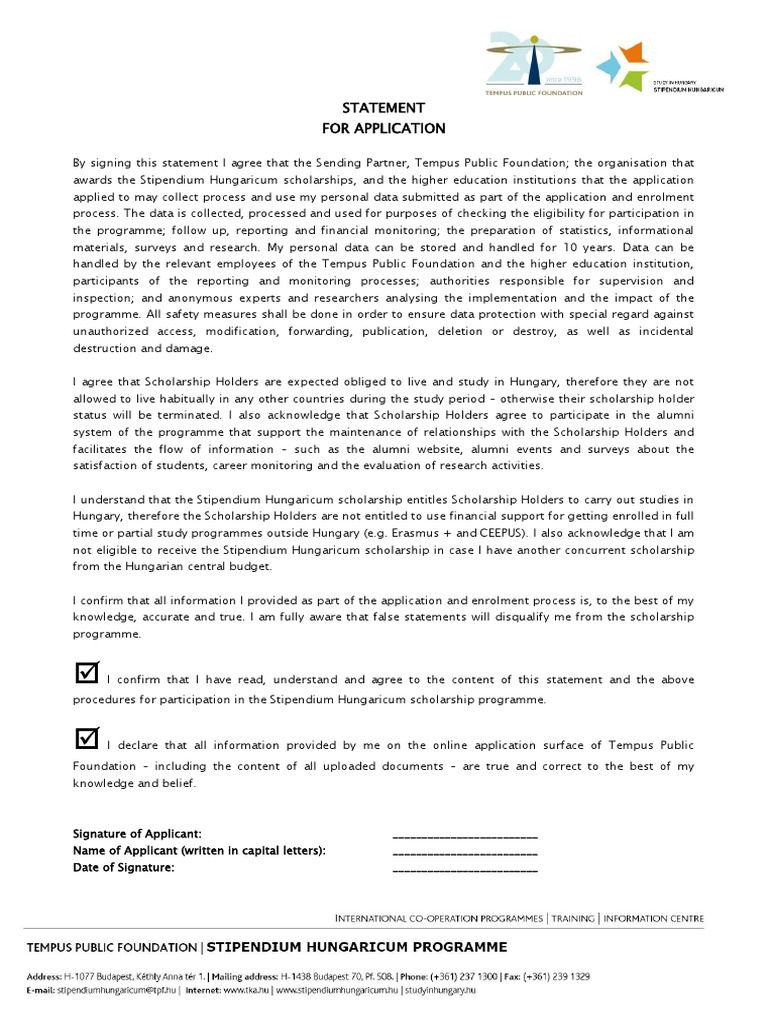 Stipendium Hungaricum Application Statement | PDF | Information | Science