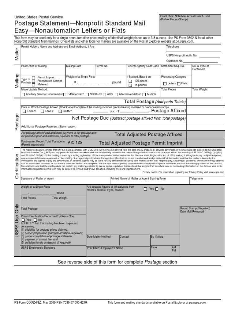 Postage Statement-Nonprofit Standard Mail Easy-Nonautomation Letters or ...