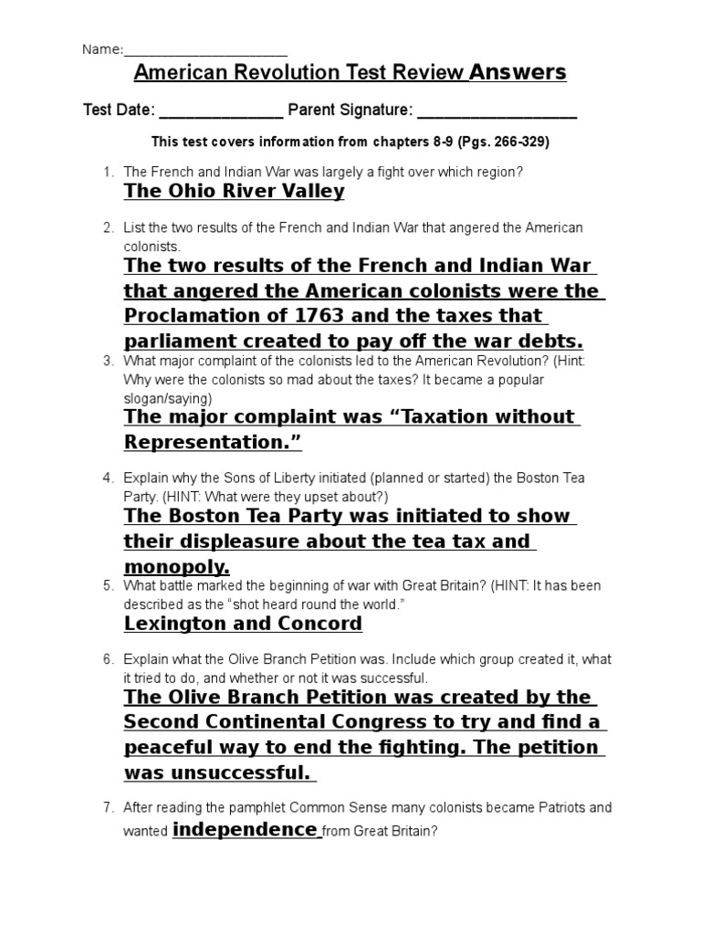 American Revolution Test Review Answers 2013 | PDF | American ...