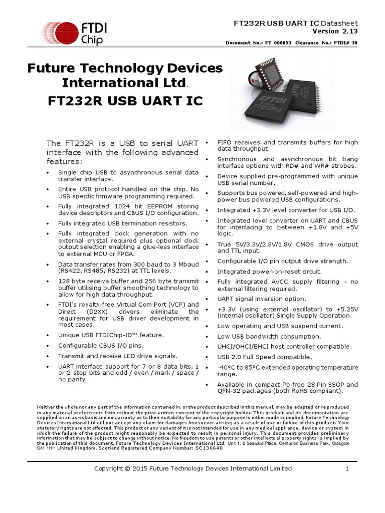 Future Technology Devices International LTD Ft232R Usb Uart Ic | PDF