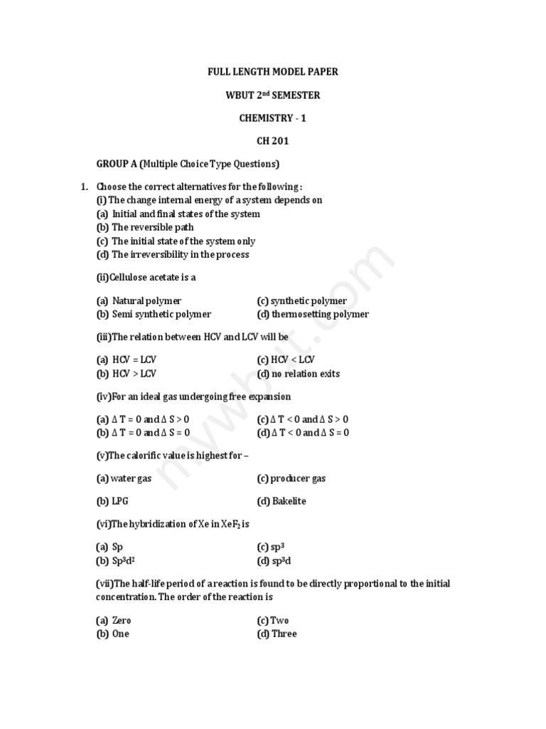 Full Length Model Paper Wbut 2 Semester Chemistry - 1 CH 201 GROUP A ...