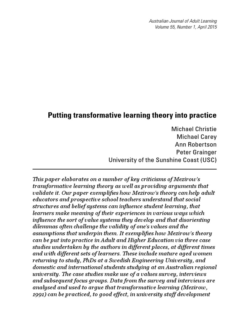 Putting Transformative Learning Theory Into Practice | PDF | Action ...