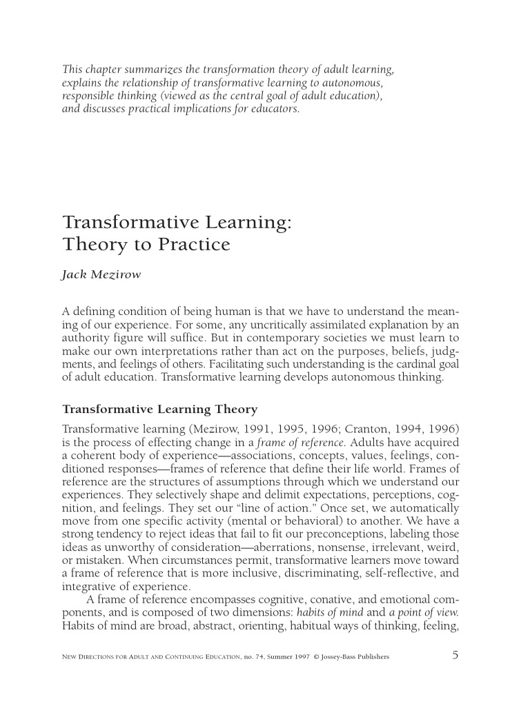 Transformative-Learning Theory To Practice Mezirow-1997 PDF | PDF | Emergence | Learning