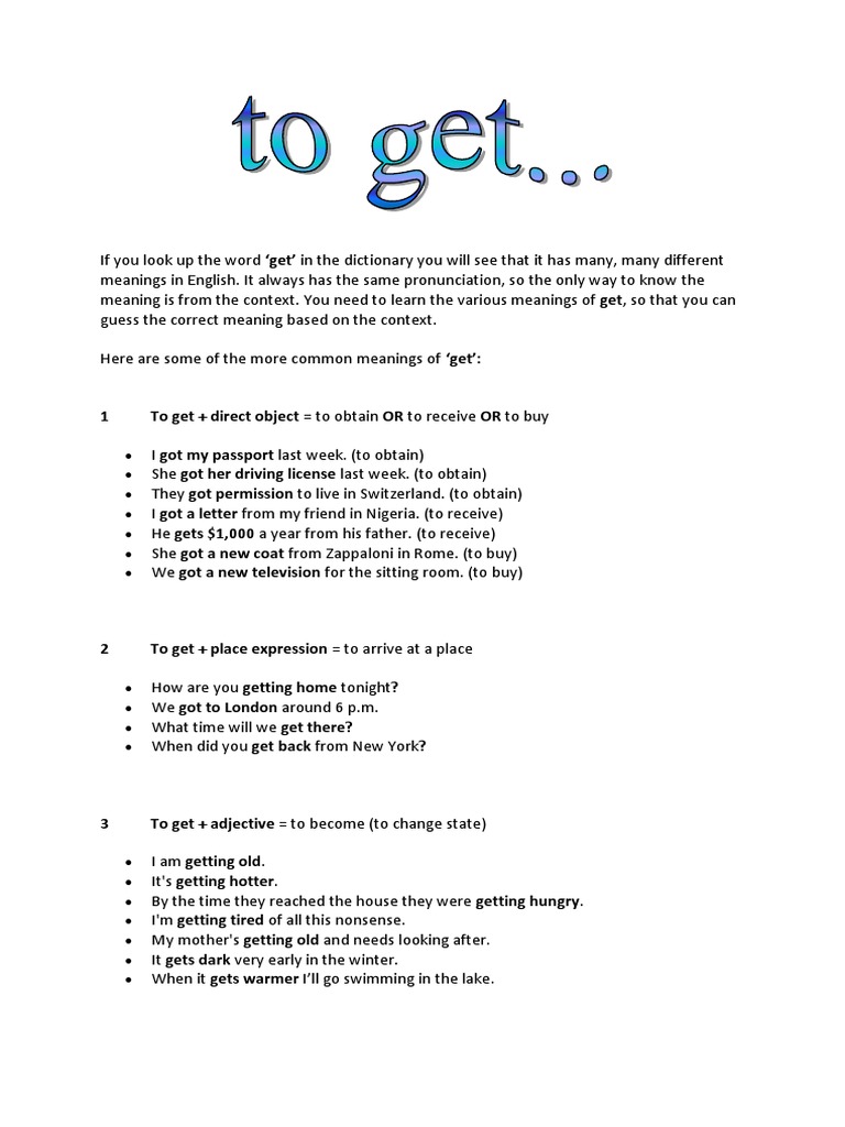 The Many Meanings of Get (ESL Grammar Handout) | PDF | English Language ...