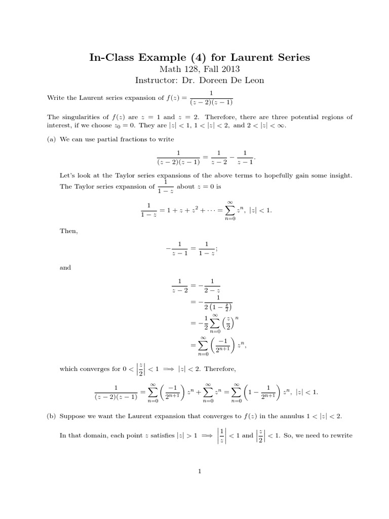 In-Class Example (4) For Laurent Series: Math 128, Fall 2013 Instructor ...