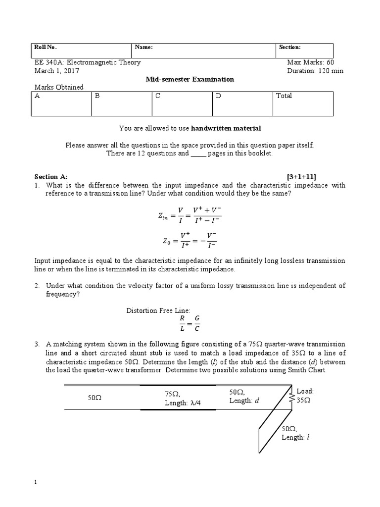 Mid-Semester Examination: Roll No. Name: Section | PDF | Waveguide | Transmission Line