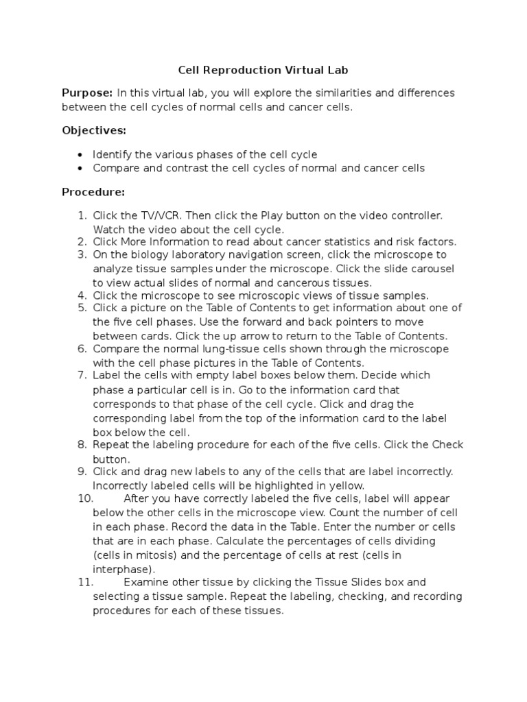Cell Reproduction Virtual Lab | PDF | Mitosis | Cell Growth