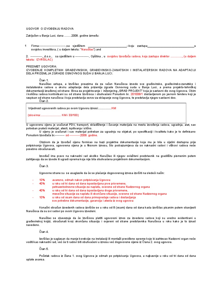 Ugovor o Izvođenju Radova | PDF