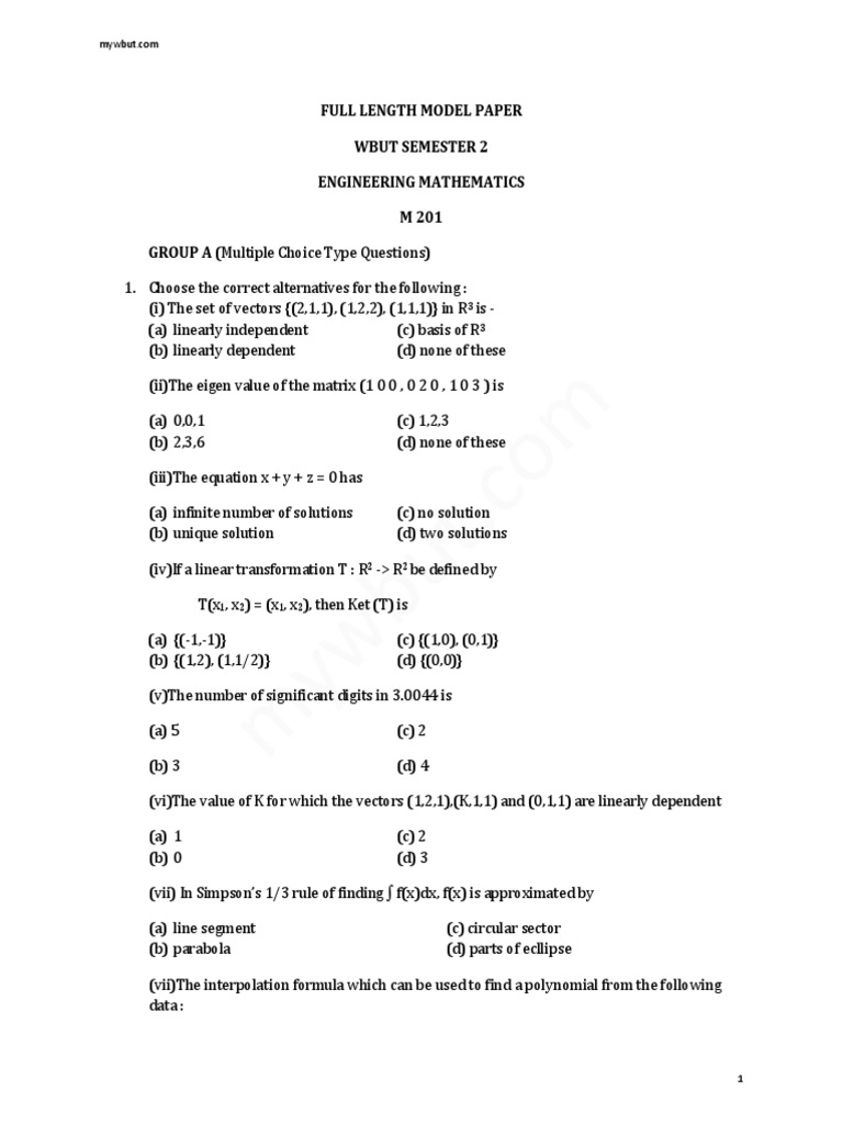 Full Length Model Paper Wbut Semester 2 Engineering Mathematics M 201 ...