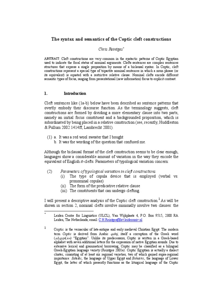 The Syntax and Semantics of The Coptic Cleft Constructions Reintges ...