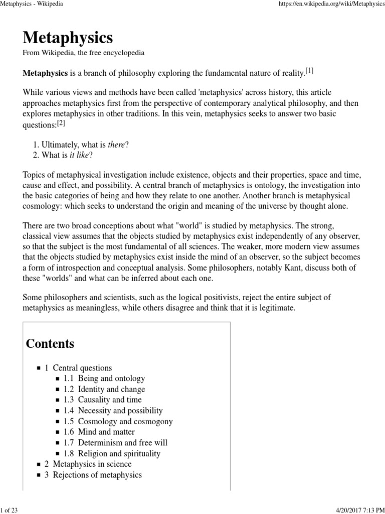 Metaphysics - Wikipedia | PDF | Philosophy Of Mind | Metaphysics