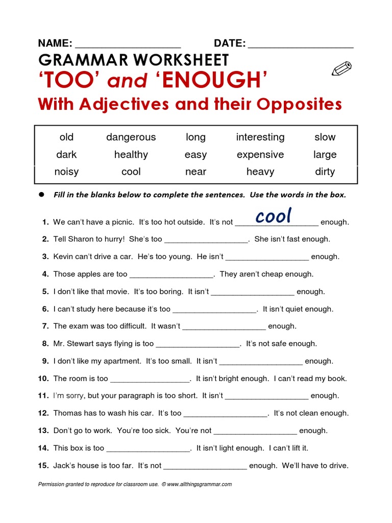TOO' Enough': With Adjectives and Their Opposites | PDF