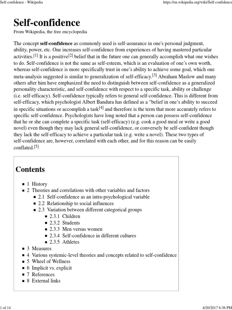 Self Confidence Wikipedia | PDF | Self Esteem | Applied Psychology