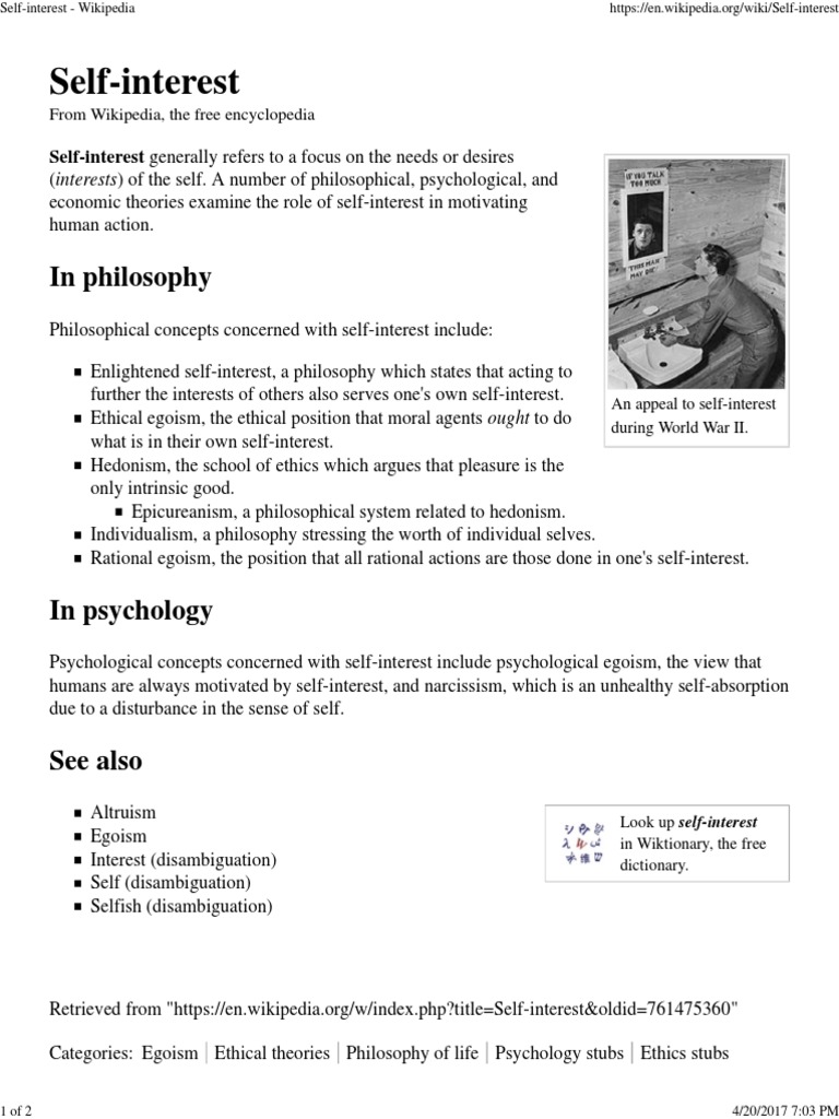 Self Interest Wikipedia | Philosophical Works | Sociological Theories