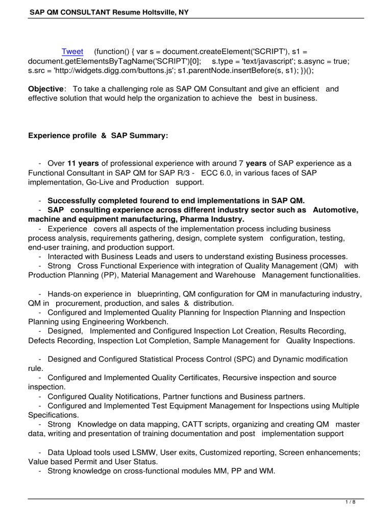 Sap QM Consultant Resume Holtsville Ny | PDF | Business Process ...