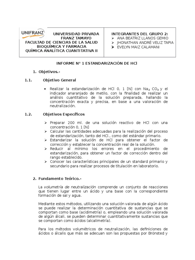 Informe 1 Estandarización de HCL | PDF | Valoración | Química