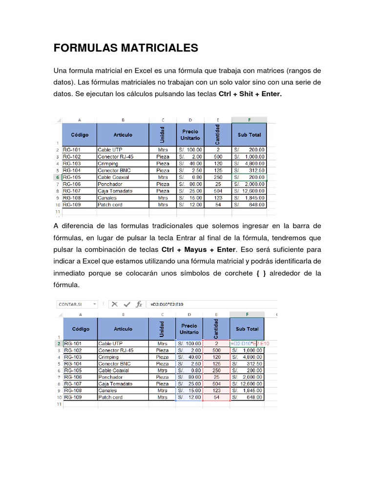 Fórmulas Matriciales en Excel | PDF