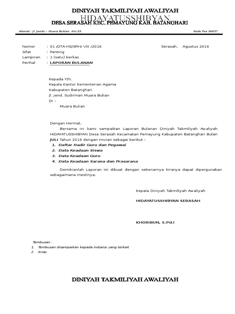 Surat Laporan Bulanan DTA | PDF