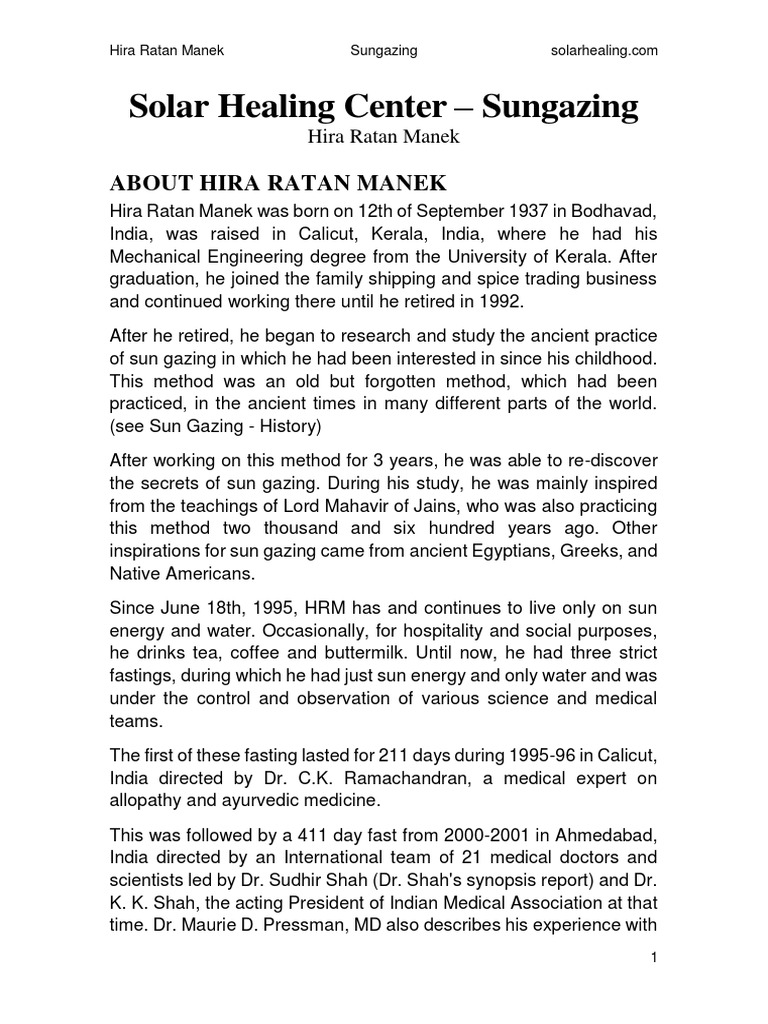 Hira Ratan Manek. Solarhealing. Sun Gazing | PDF | Sun | Solar Energy
