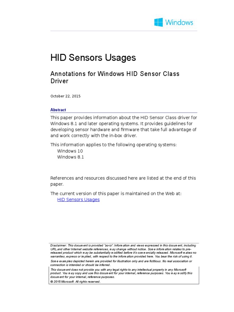 Hid Sensors Usages | Device Driver | Application Programming Interface