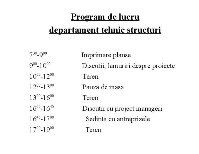 Program de Lucru Departament Tehnic Structuri | PDF