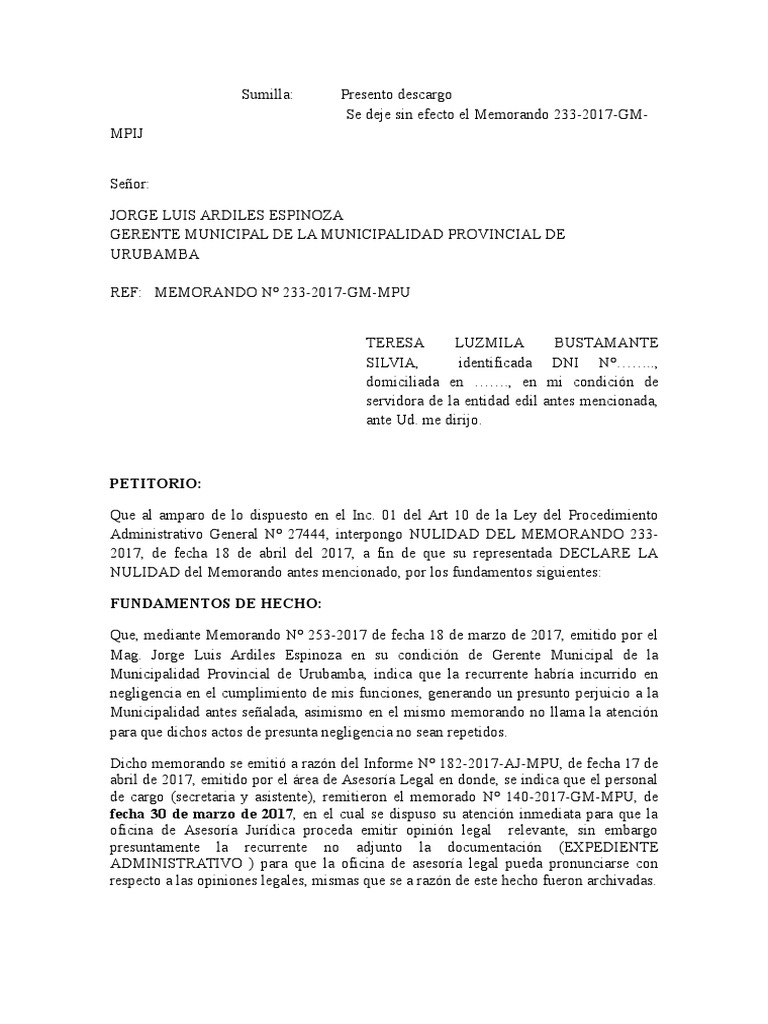 Descargo Municipalidad | PDF | Ley estatutaria | Gobierno