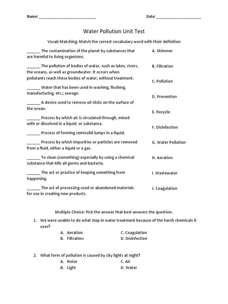 Water Pollution Unit Test | PDF