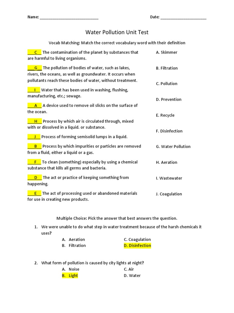 Water Pollution Unit Test Anser Key | PDF