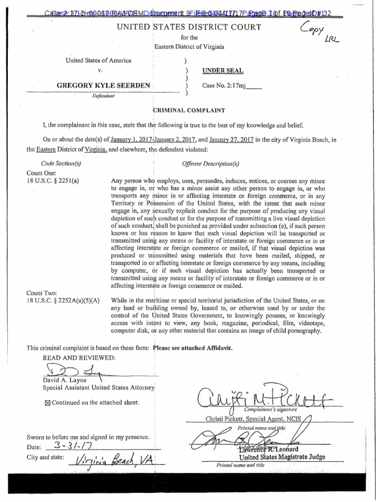 Criminal Complaint Against Navy SEAL Gregory Seerden Alleging ...