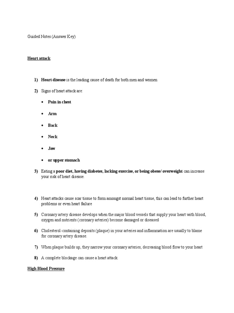 Guided Notes (Answer Key) : High Blood Pressure | PDF