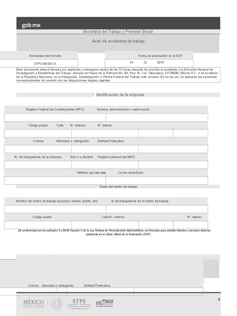 STPS Formato de Aviso de Accidentes de Trabajo | México | Gobierno
