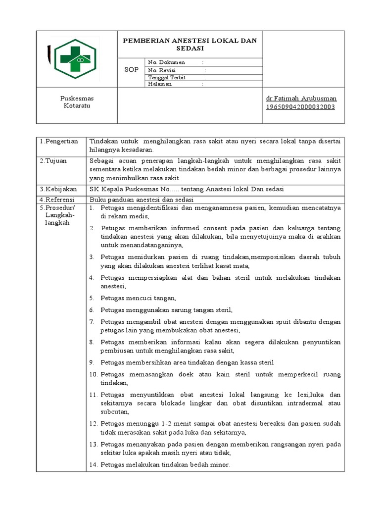 Sop Pemberian Anestesi Lokal Dan Sedasi (Repaired) | PDF