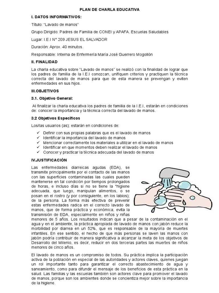 Plan de Charla Educativ1 | PDF | Lavado de manos | Infección