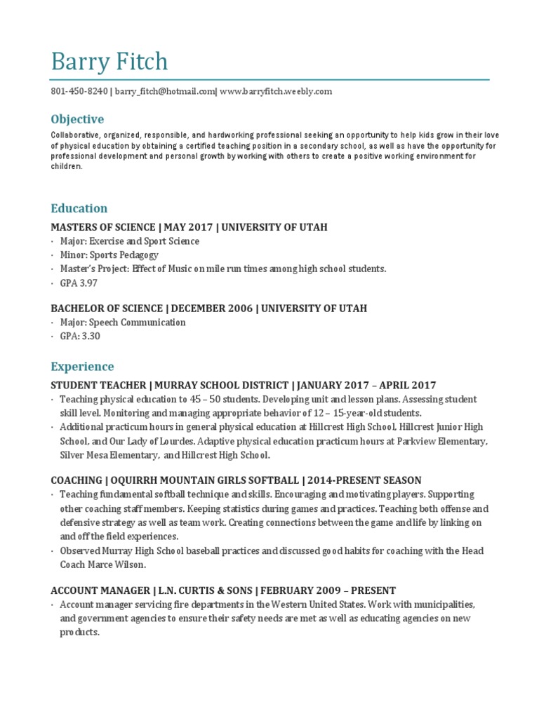 Barry Fitch Teaching Resume 1 | PDF | Physical Education | Secondary School